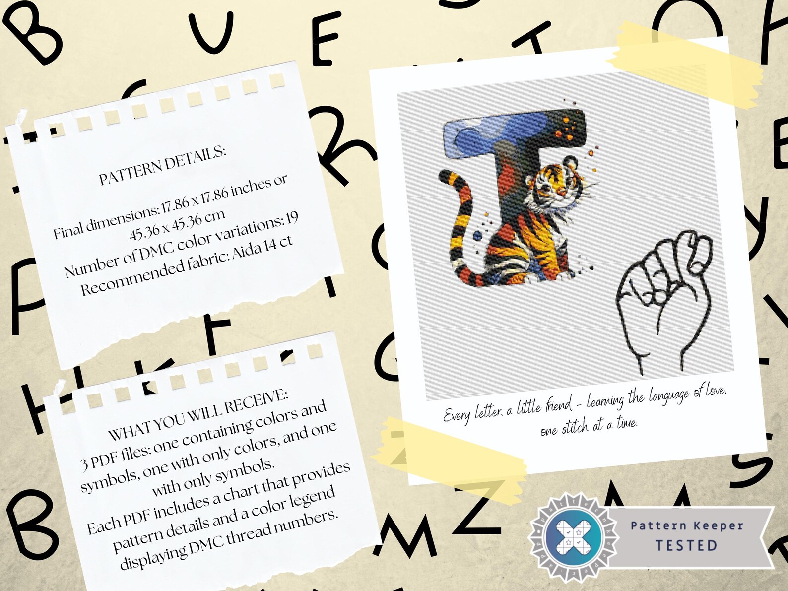 Tiger Alphabet Cross Stitch Pattern PDF | ASL Sign Language Letter T ...