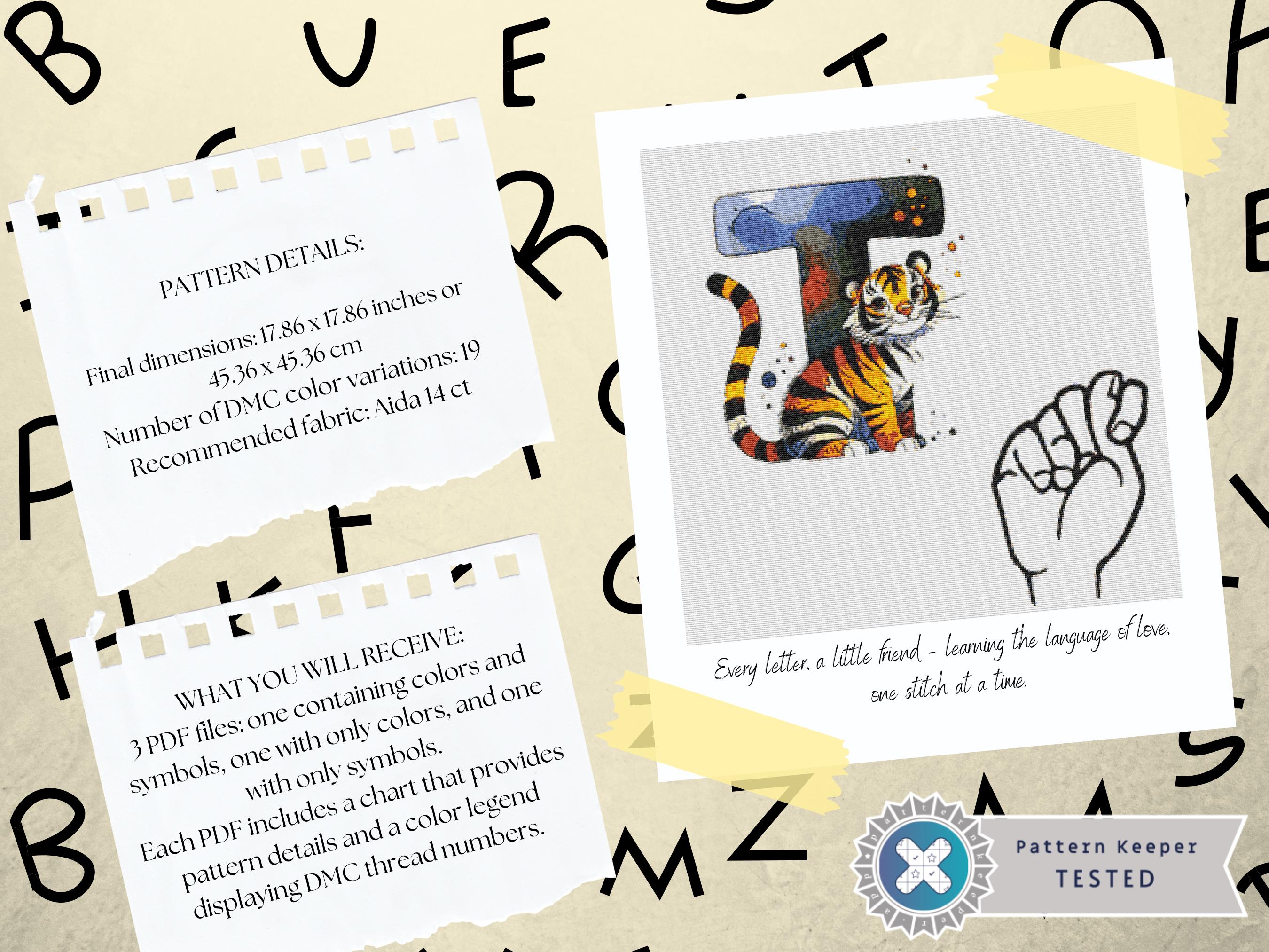 Tiger Alphabet Cross Stitch Pattern PDF | ASL Sign Language Letter T ...