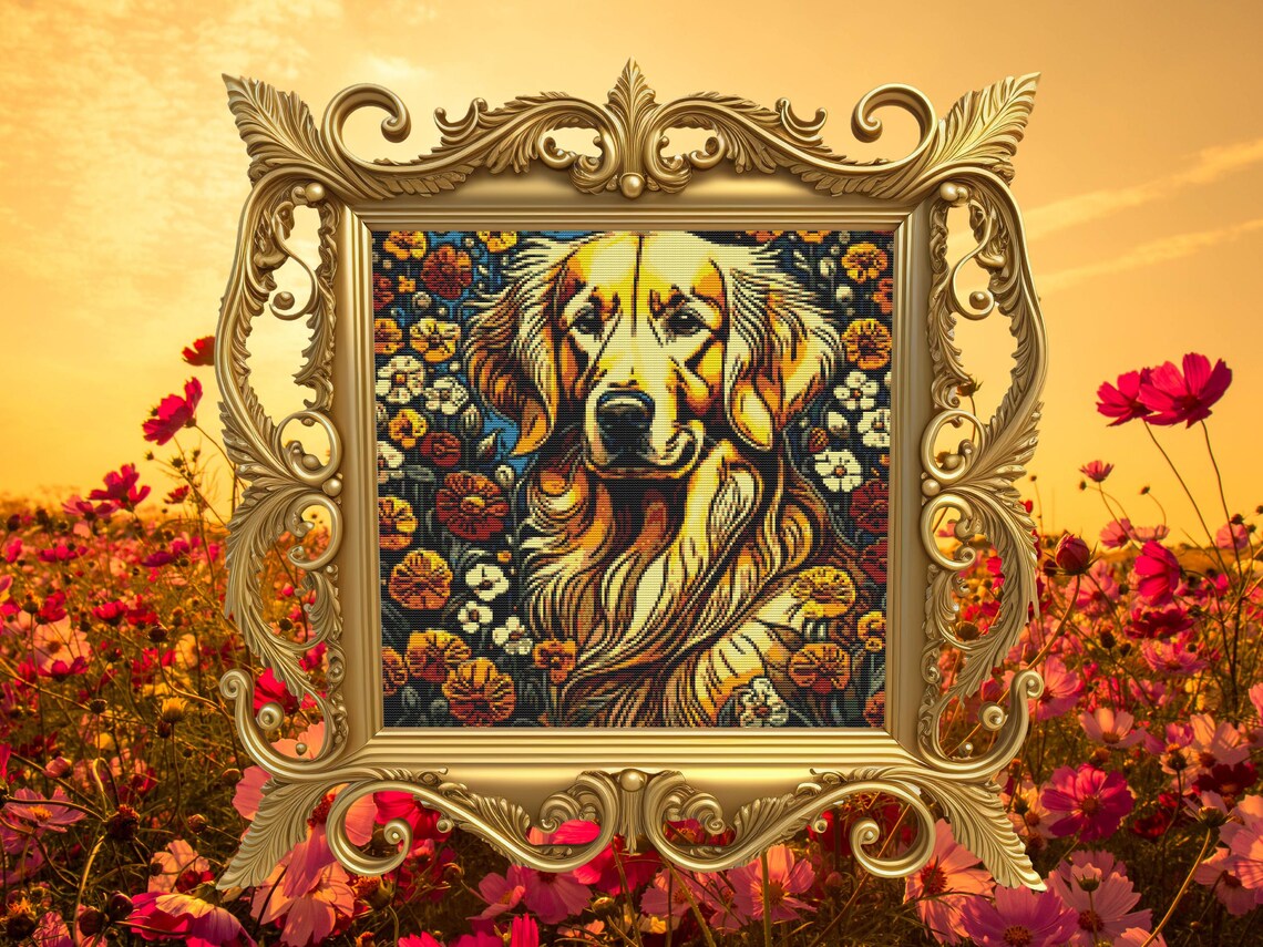 Golden Retriever Cross Stitch Pattern PDF | Floral Dog Embroidery ...