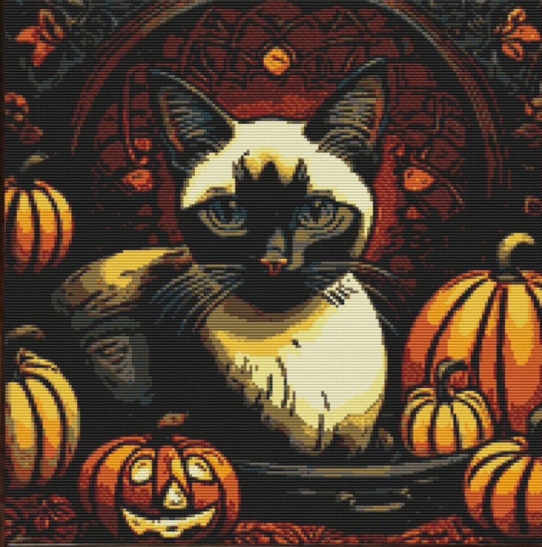 Witchy Siamese Cat Cat in Pumpkin Cross Stitch Wicca Cross Stitch ...