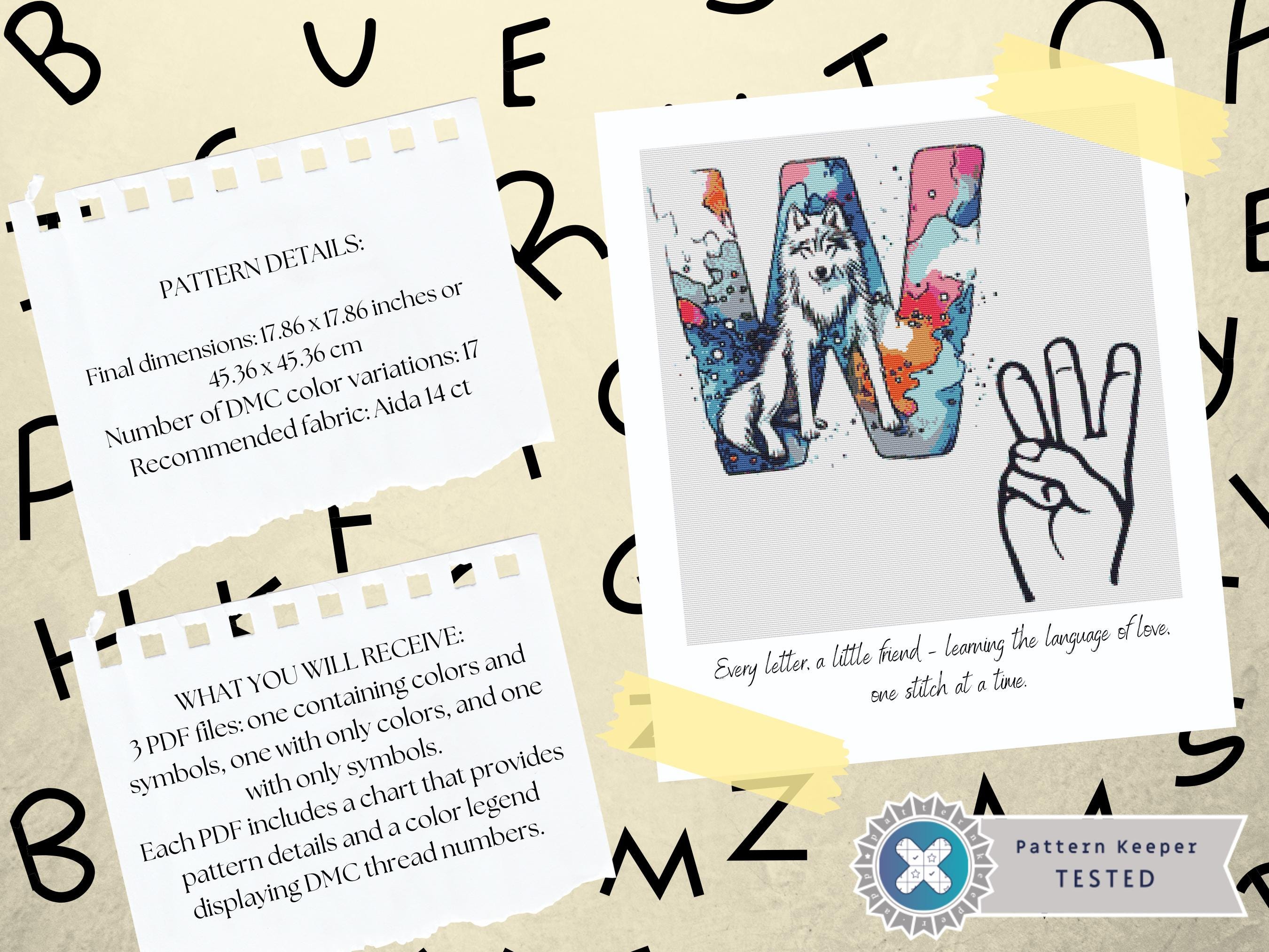 Wolf Alphabet Cross Stitch Pattern PDF | ASL Sign Language Letter W ...