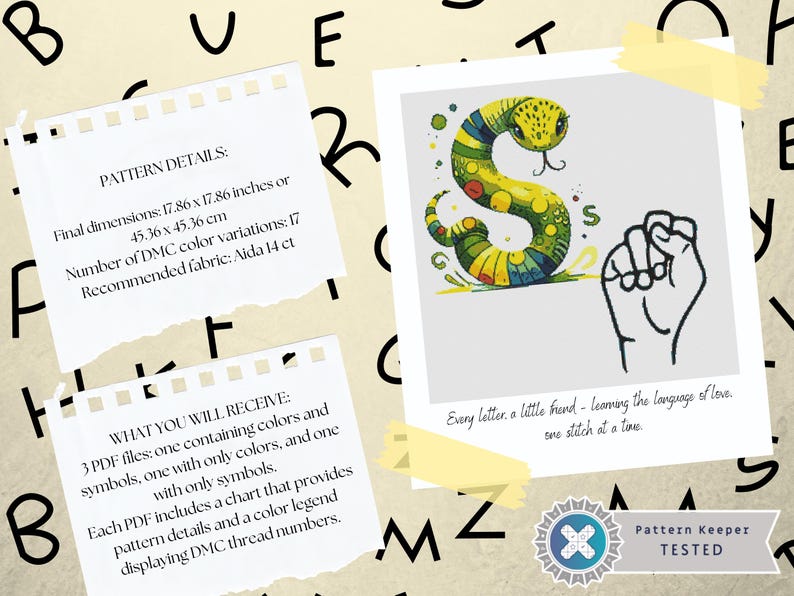 Snake Alphabet Cross Stitch Pattern PDF | ASL Sign Language Letter S ...