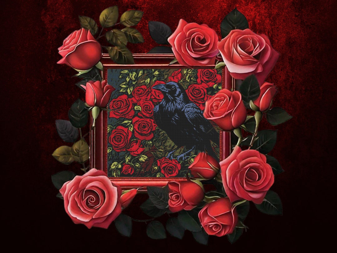 Red Roses Crow Cross Stitch Pattern Nature-inspired Bird Craft Floral ...