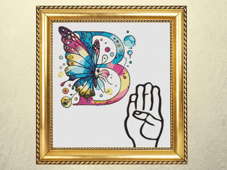 ASL Alphabet Cross Stitch Pattern, Butterfly Letter B, Sign Language ...