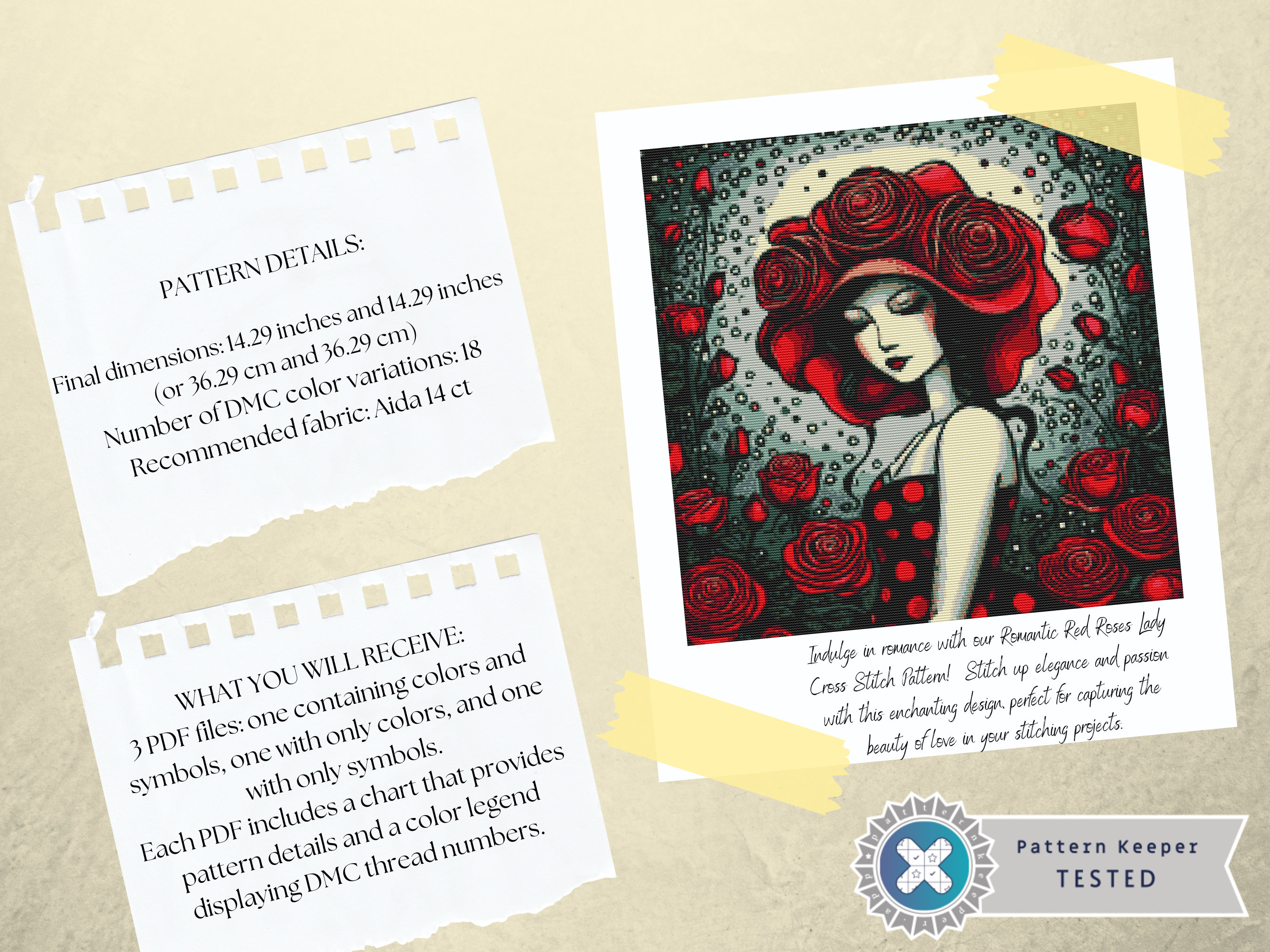 Romantic Red Roses Lady Cross Stitch Pattern, Vintage Style Floral Art ...