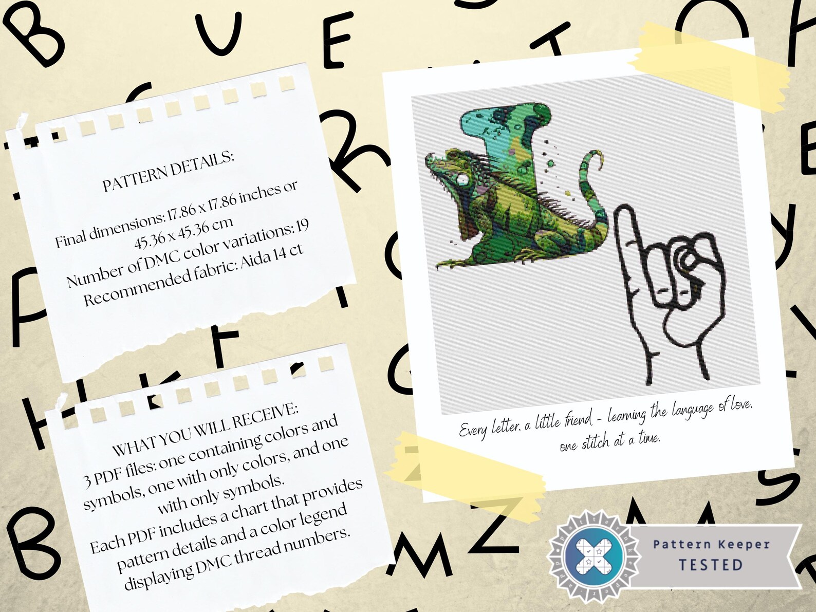 Iguana Alphabet Cross Stitch Pattern PDF | ASL Sign Language Letter I ...