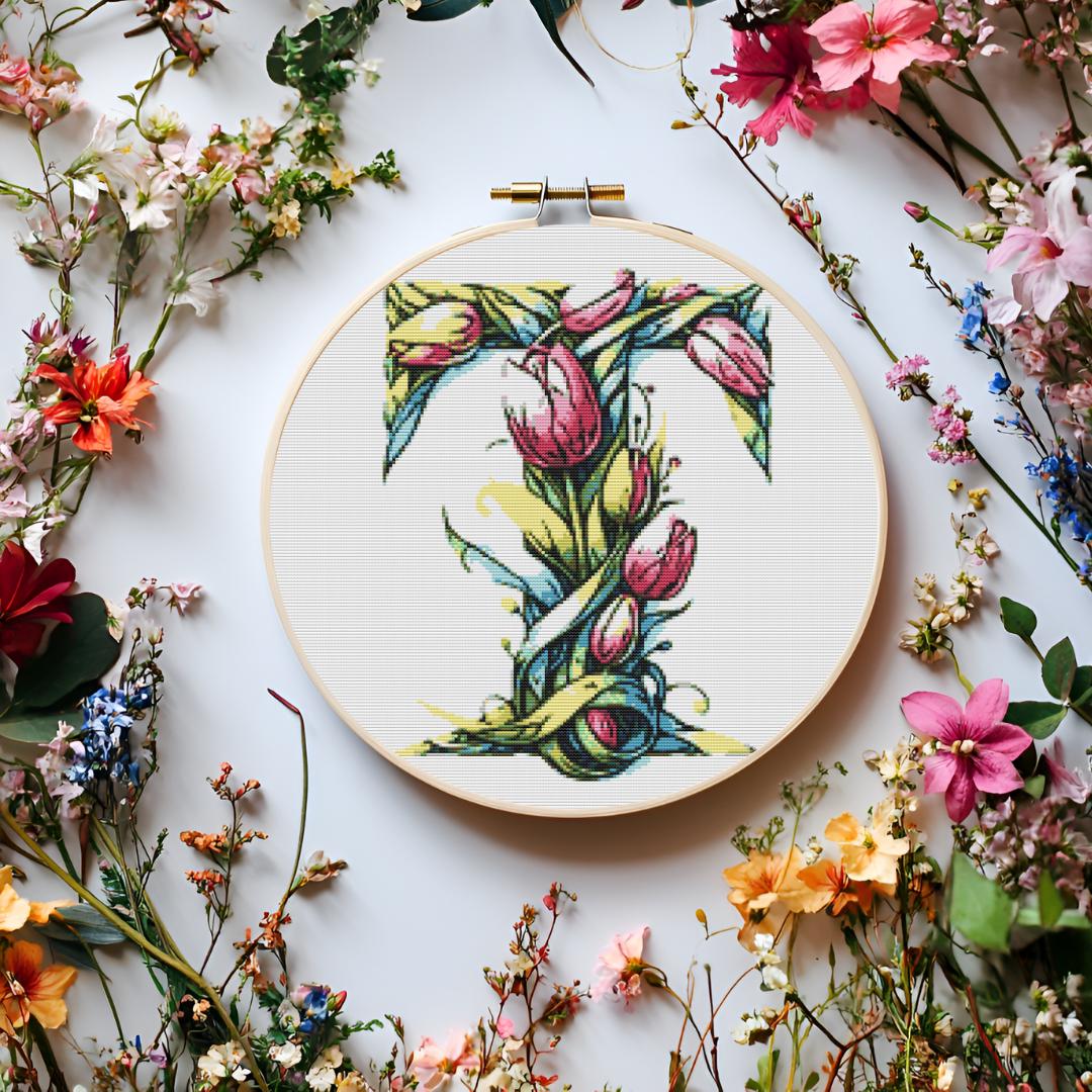Tulip Flower Monogram Cross Stitch Pattern – Elegant Floral Letter T ...