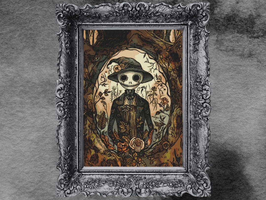 Victorian Skeleton Witch Cross Stitch Pattern, Gothic Floral Embroidery ...