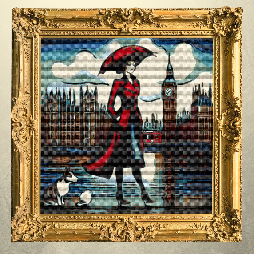 London Chic Cross Stitch Pattern, Fashionable Woman With Umbrella ...