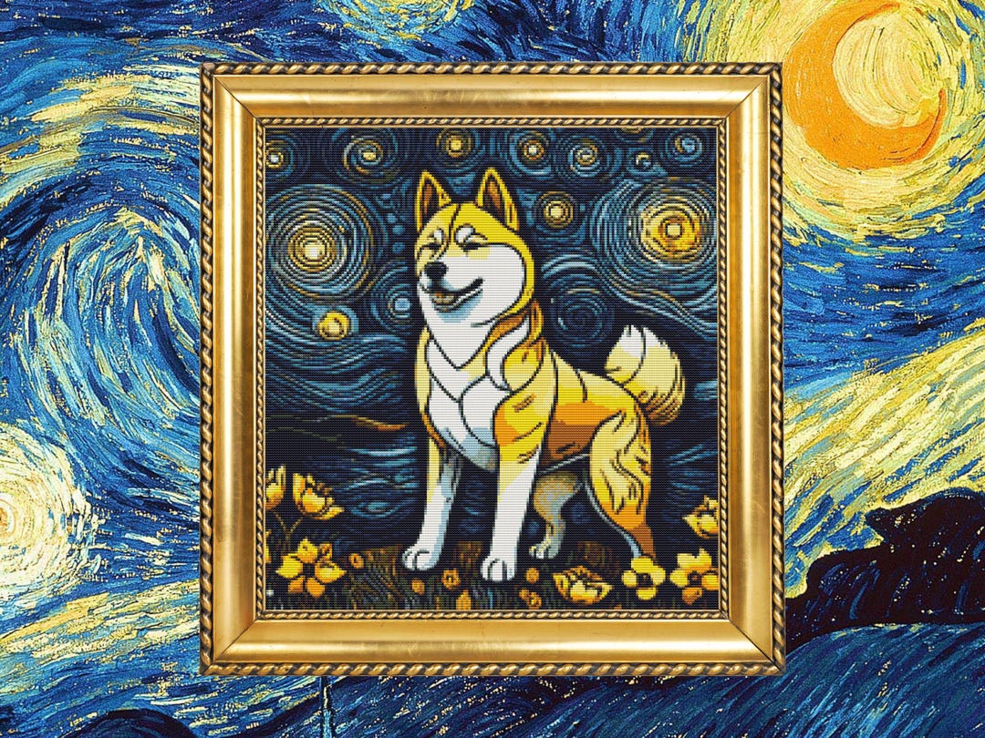 Shiba Inu Cross Stitch Pattern PDF | Van Gogh Inspired Dog Embroidery ...