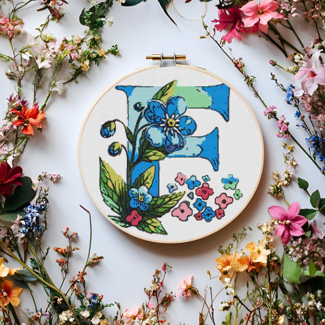 Forget-me-not Monogram Cross Stitch Pattern – Delicate Floral Letter F ...