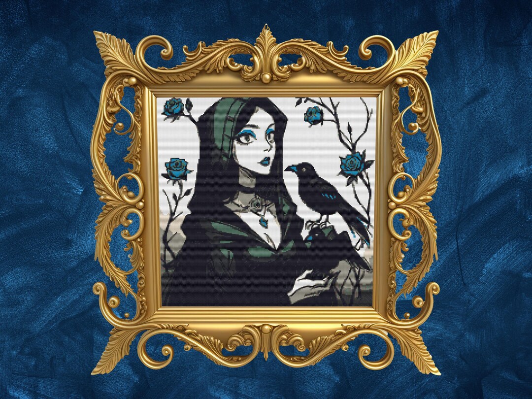 Witch and Crow Cross Stitch Pattern - Mystical Blue Witchcraft Craft ...