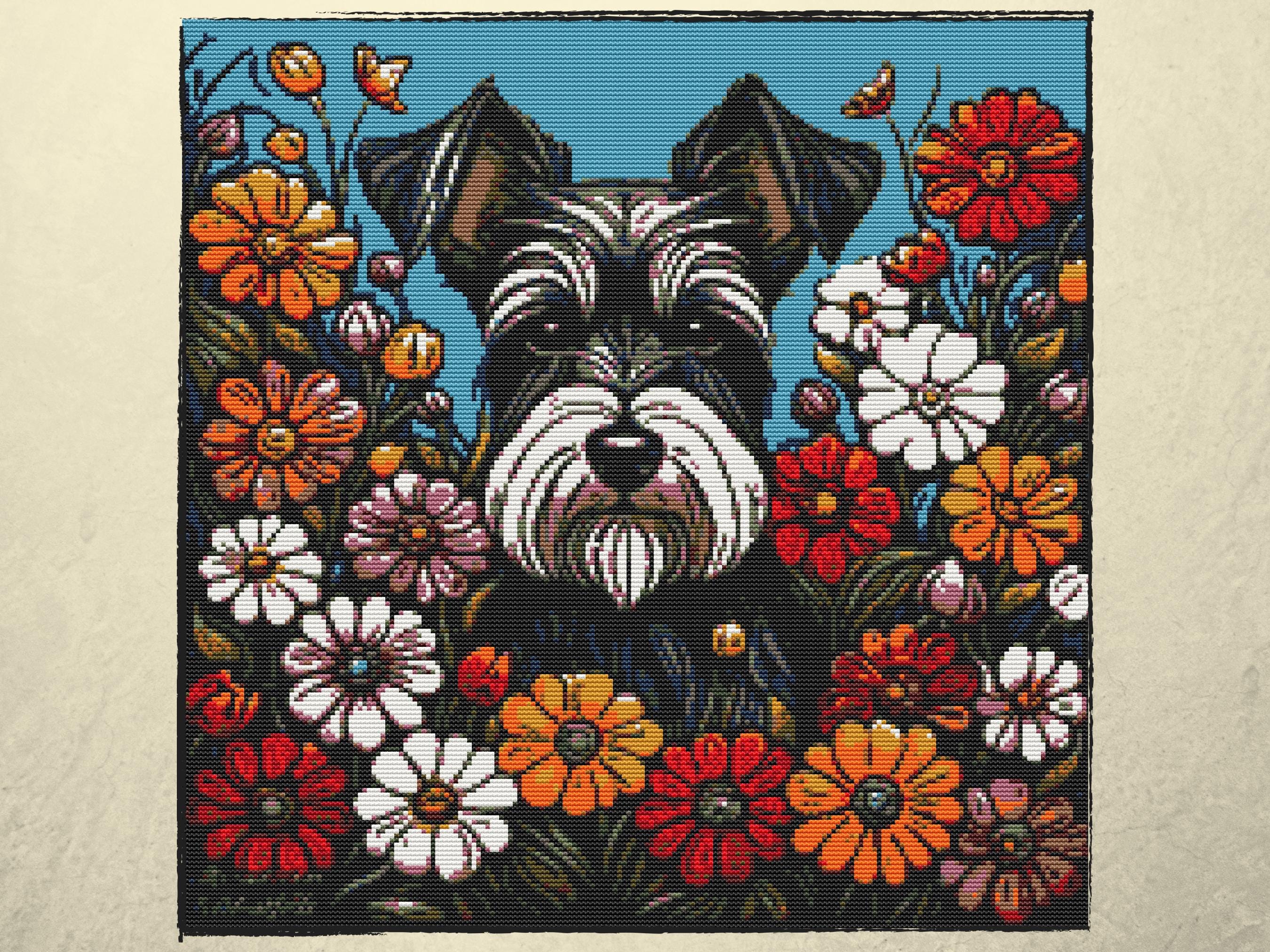 Schnauzer Cross Stitch Pattern PDF | Colorful Floral Dog Embroidery ...