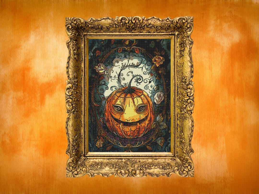 Victorian Pumpkin Cross Stitch Pattern, Spooky Halloween Jack-o ...