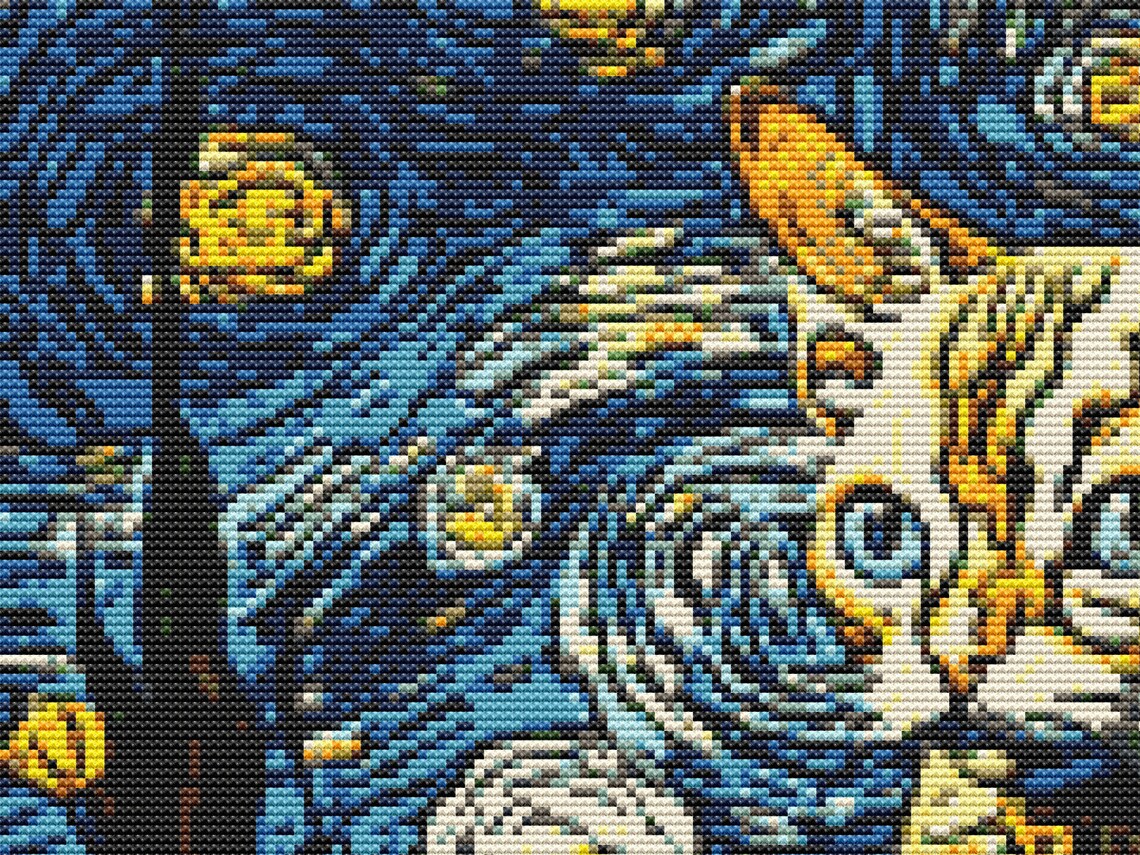 The Starry Night Painting Devon Rex Cat Cross Stitch - Van Gogh ...