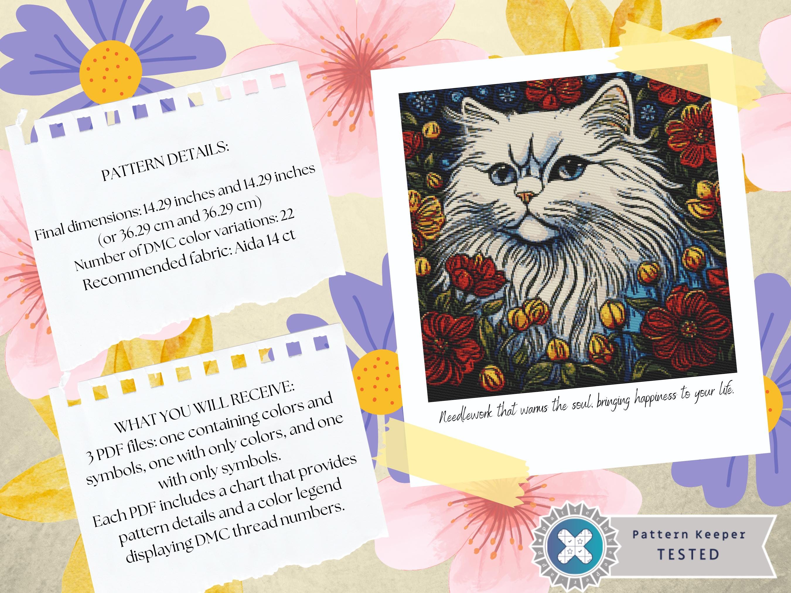 Persian Cat Cross Stitch Pattern PDF | Fluffy White Floral Cat ...