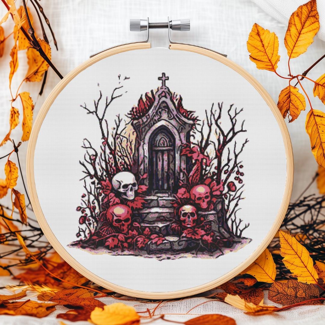Haunted Graveyard Cross Stitch Pattern – Spooky Cemetery With Skulls ...