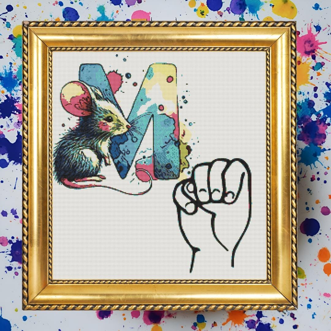 Mouse Alphabet Cross Stitch Pattern PDF | ASL Sign Language Letter M ...