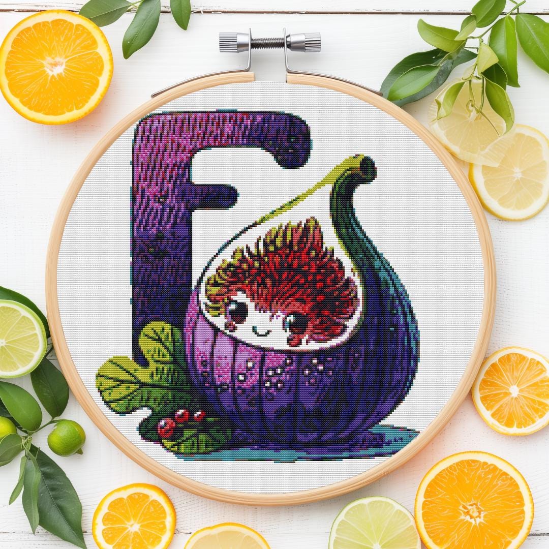 Fancy 'F' for Fig Cross Stitch Pattern, Charming Fruit Alphabet Design ...