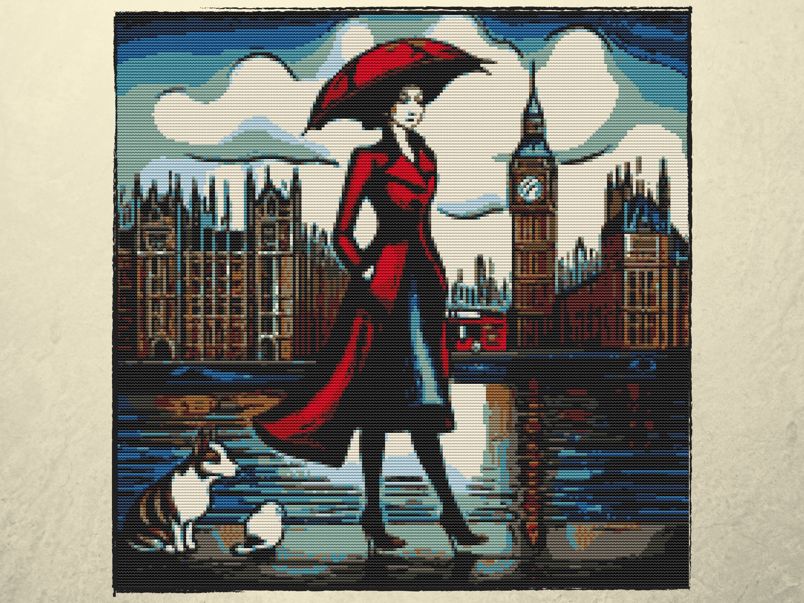 London Chic Cross Stitch Pattern, Fashionable Woman With Umbrella ...