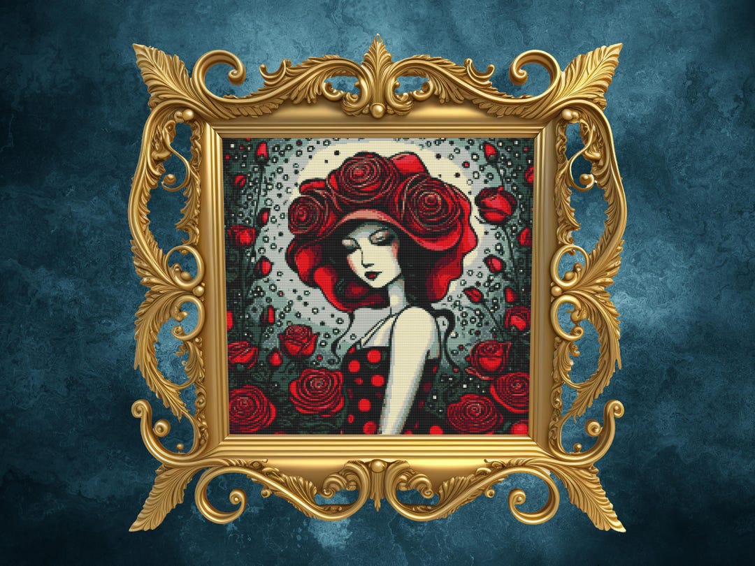 Red Roses Lady Cross Stitch Pattern, Vintage Floral Portrait (digital ...
