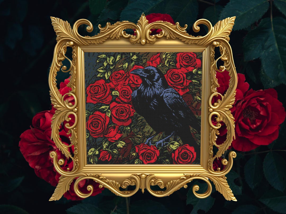 Red Roses Crow Cross Stitch Pattern - Nature-inspired Bird Craft ...