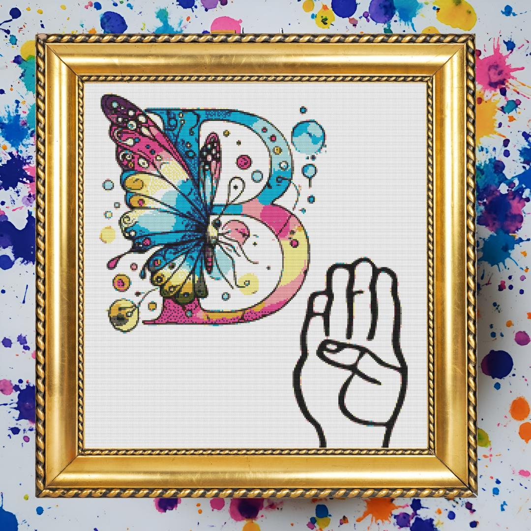 ASL Alphabet Cross Stitch Pattern, Butterfly Letter B, Sign Language ...