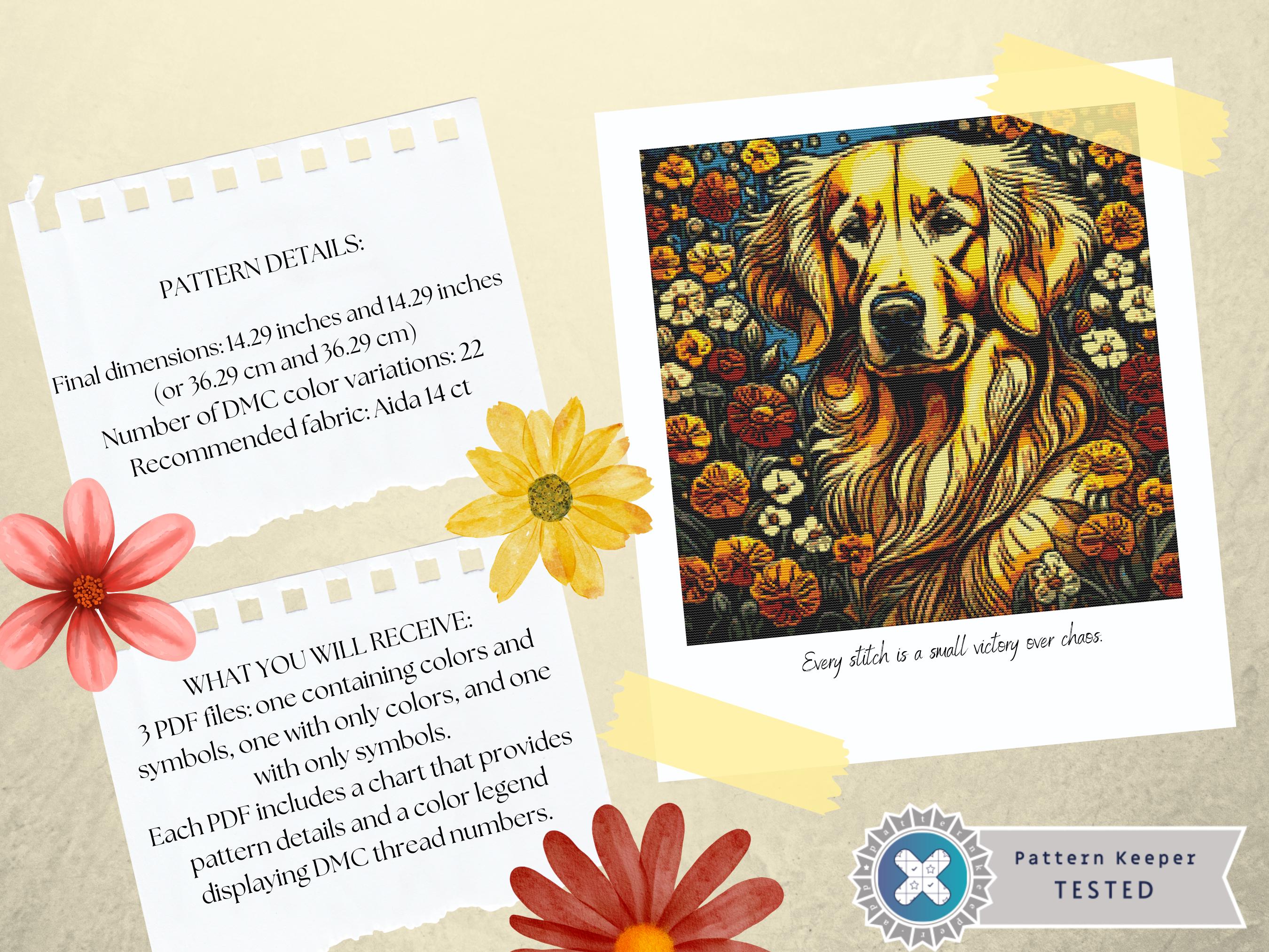 Golden Retriever Cross Stitch Pattern PDF | Floral Dog Embroidery ...