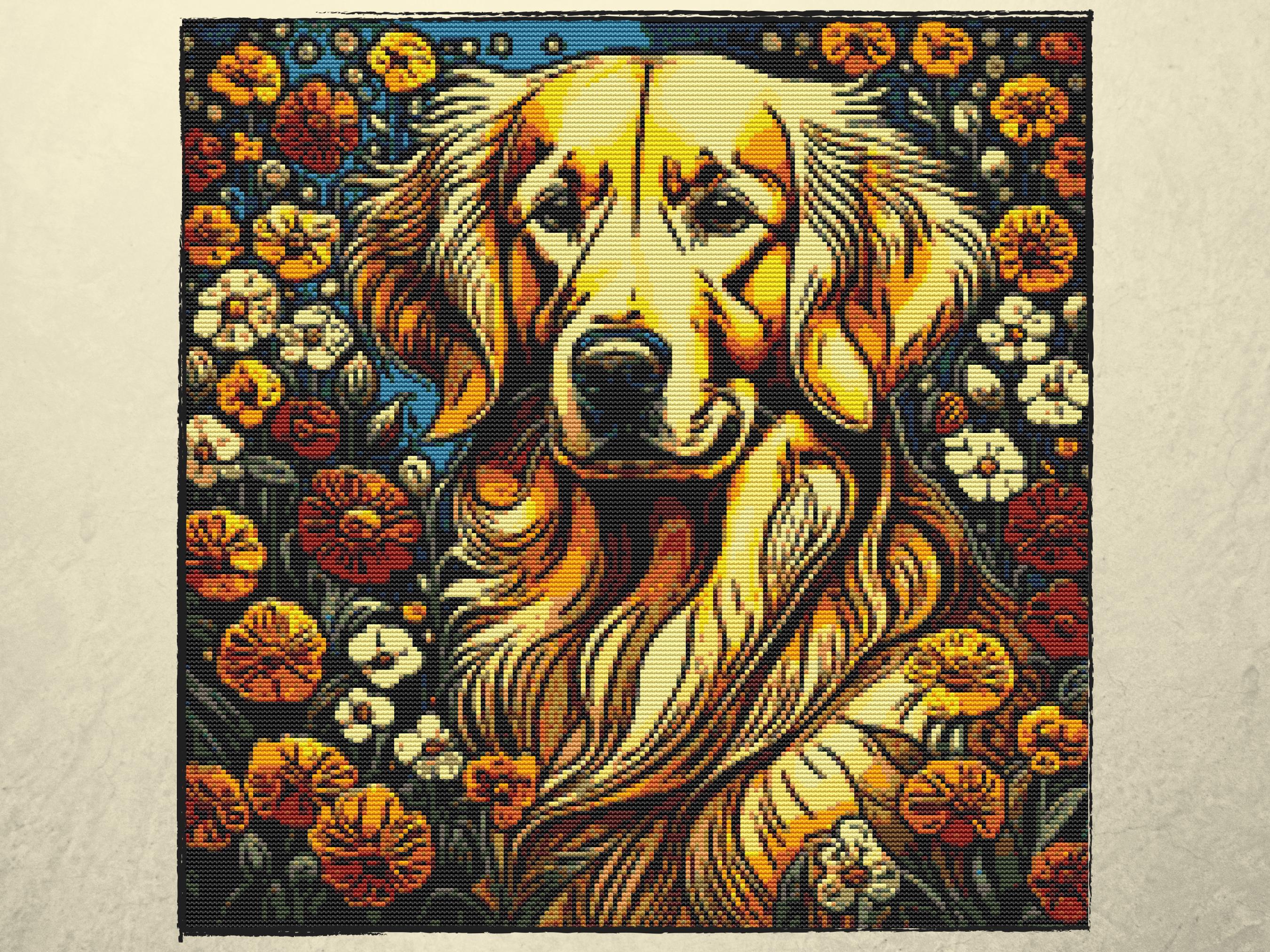 Golden Retriever Cross Stitch Pattern PDF | Floral Dog Embroidery ...