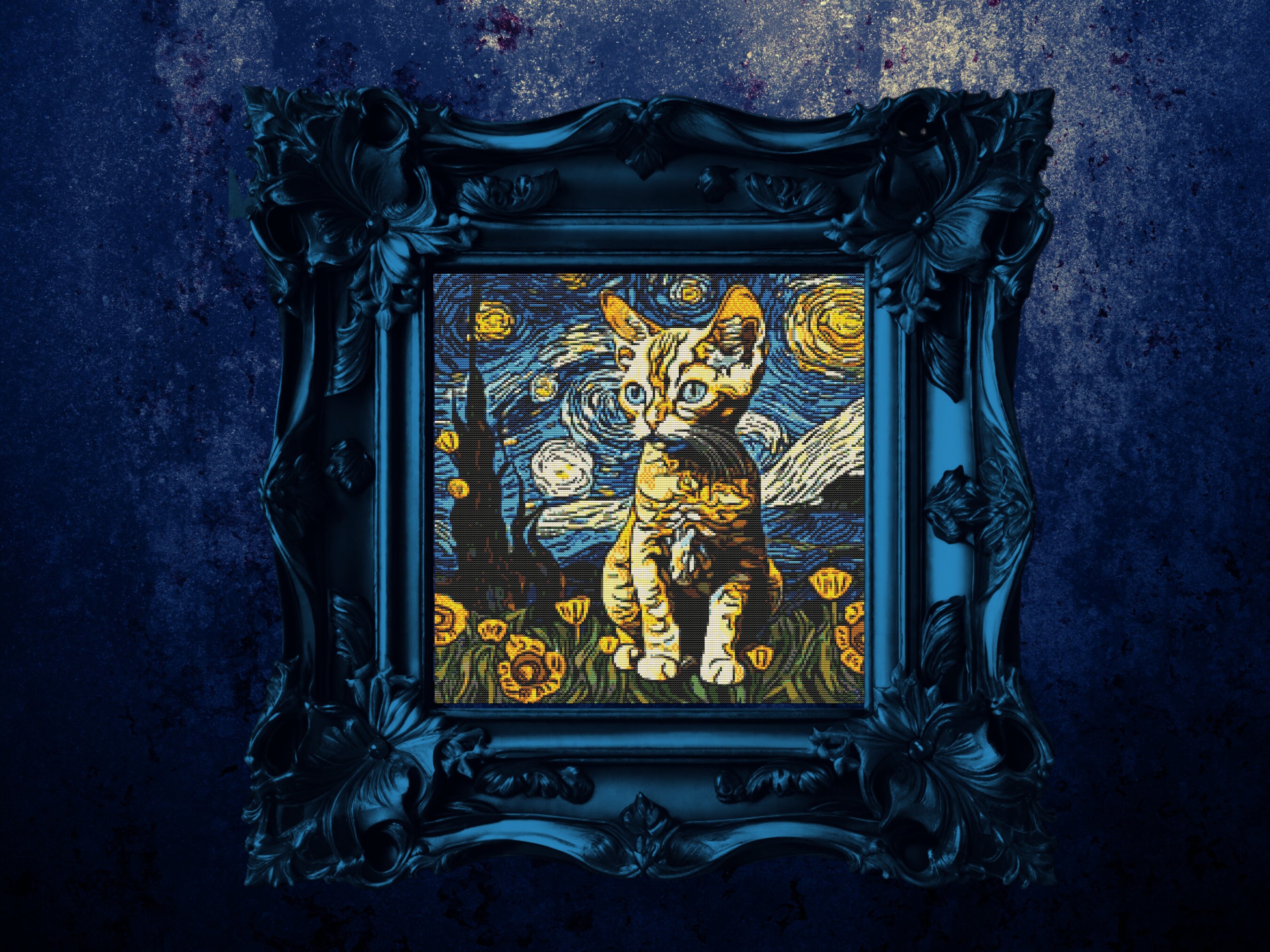 The Starry Night Painting Devon Rex Cat Cross Stitch Van - Etsy