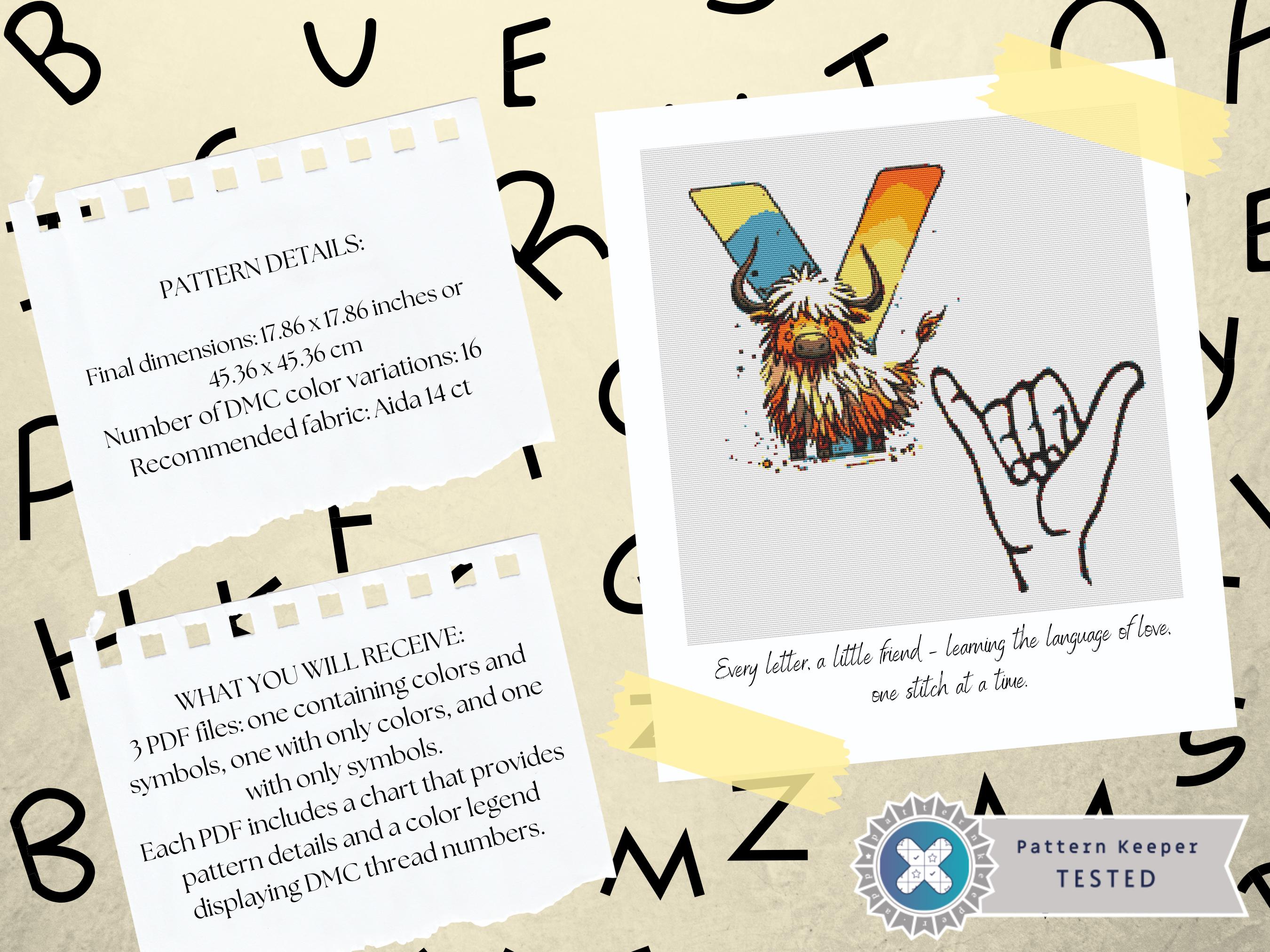 Yak Alphabet Cross Stitch Pattern PDF | ASL Sign Language Letter Y ...