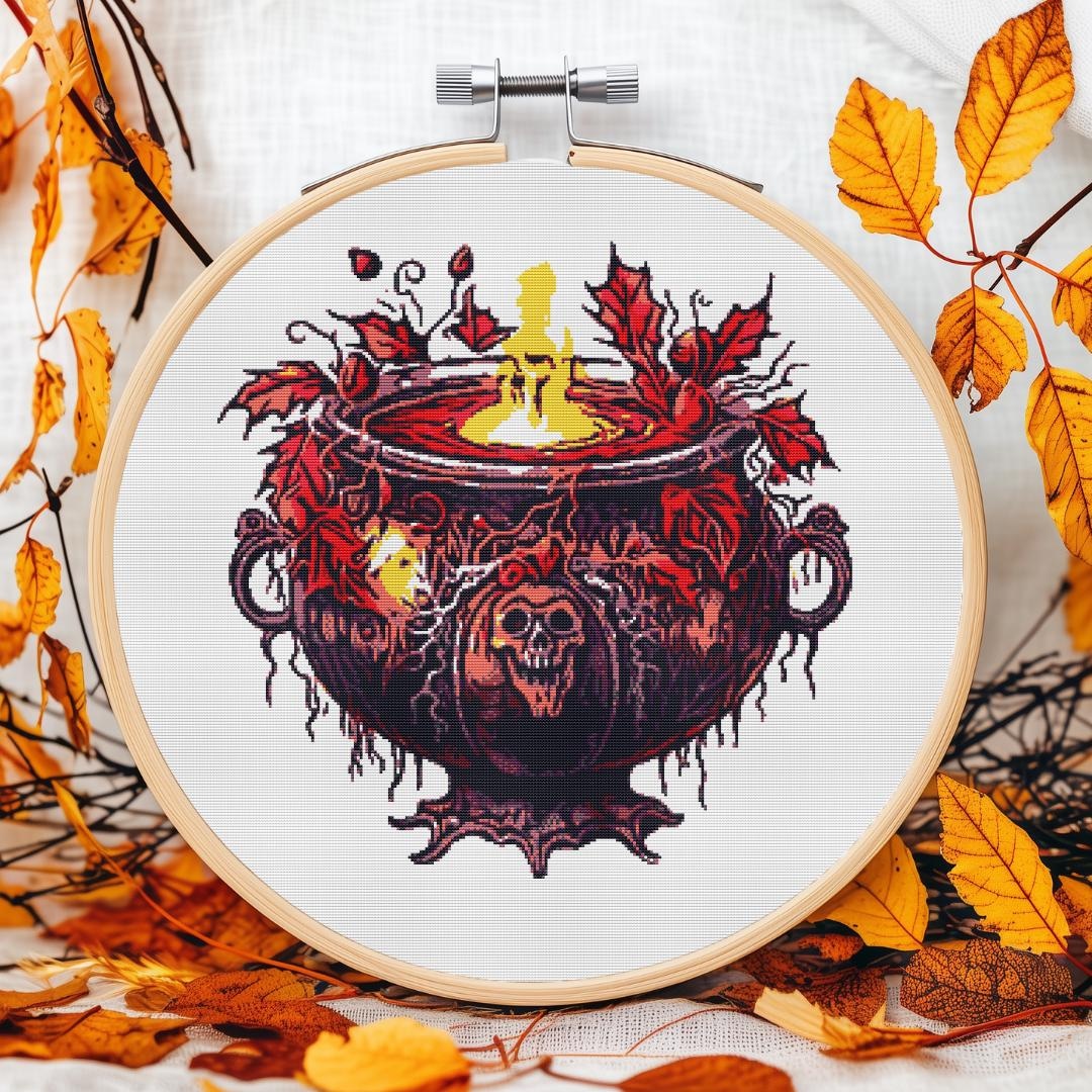 Witch’s Cauldron Cross Stitch Pattern – Spooky Halloween Cauldron With ...