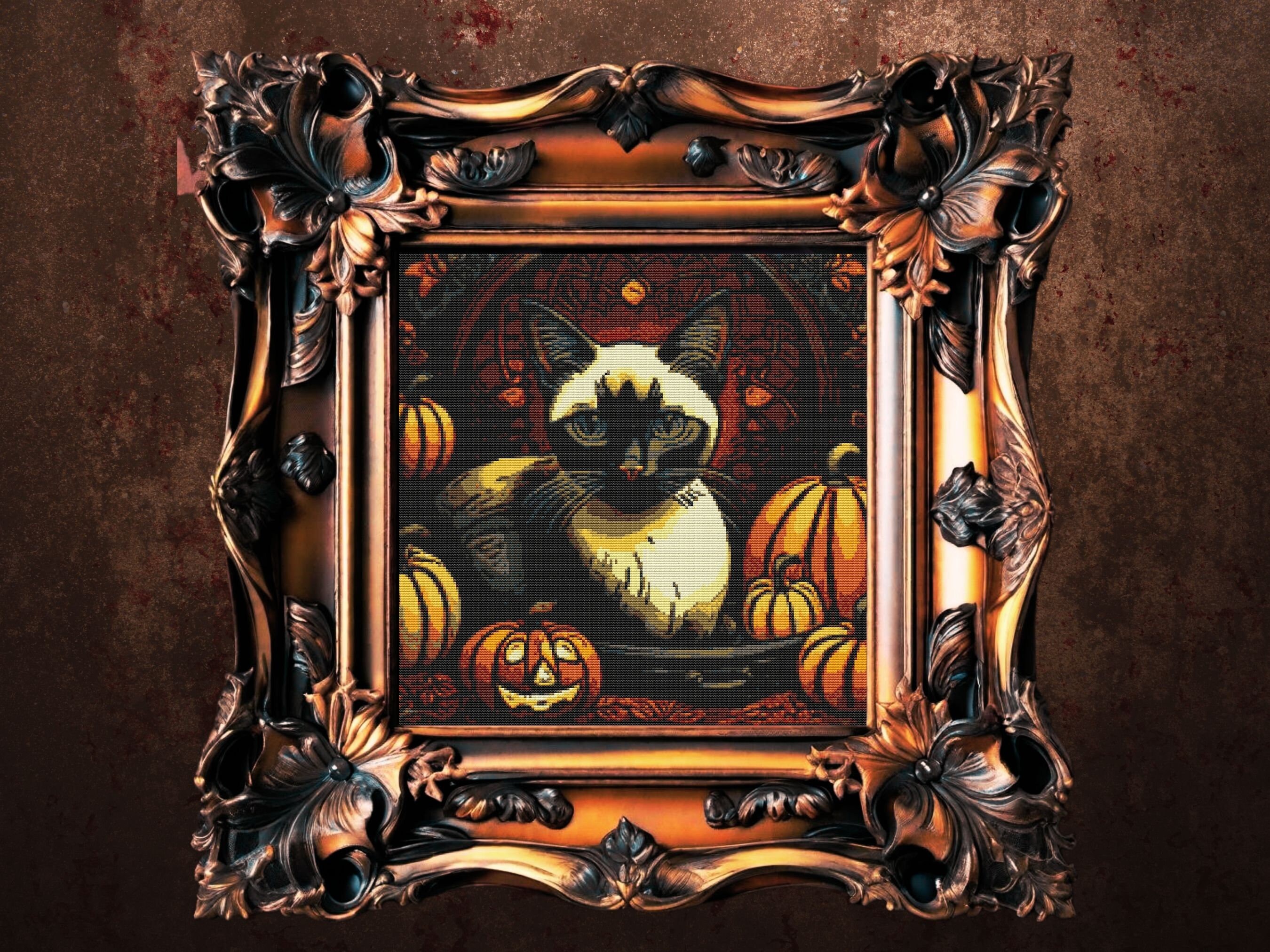 Witchy Siamese Cat Cat in Pumpkin Cross Stitch Wicca Cross Stitch ...