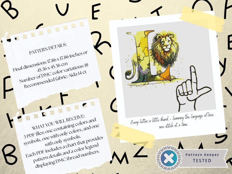 Lion Alphabet Cross Stitch Pattern PDF | ASL Sign Language Letter L ...