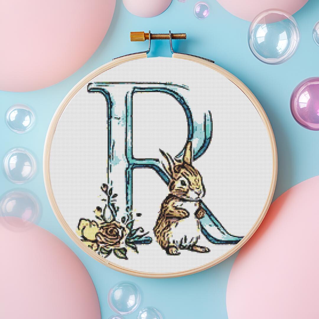 Rustic Rabbit R Letter Cross Stitch Pattern | Charming Countryside ...