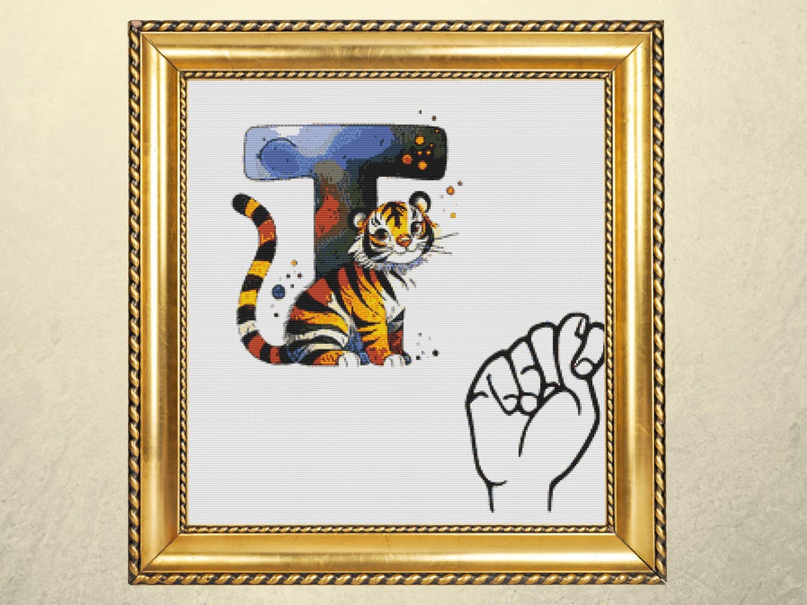 Tiger Alphabet Cross Stitch Pattern PDF | ASL Sign Language Letter T ...