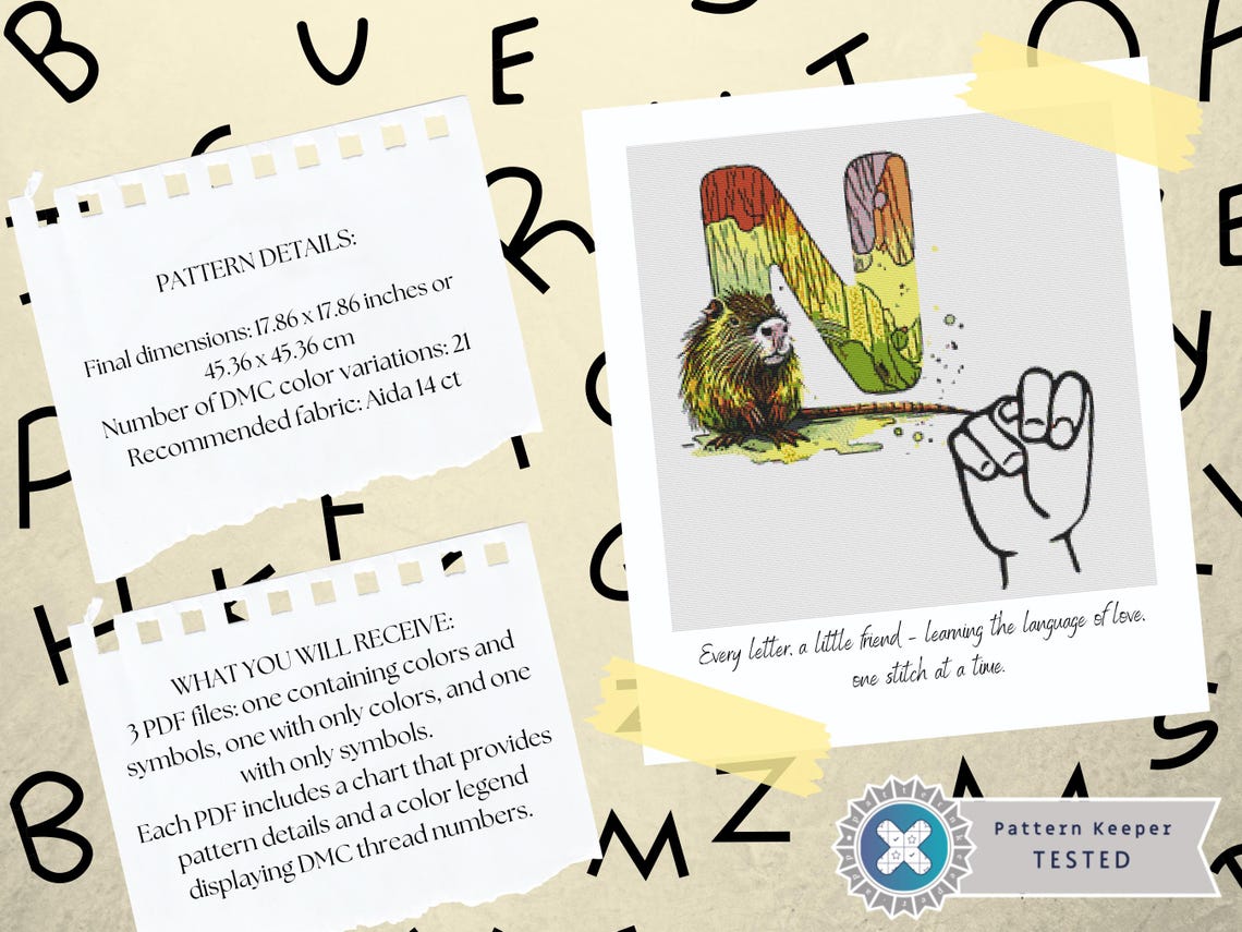 Nutria Alphabet Cross Stitch Pattern PDF | ASL Sign Language Letter N ...