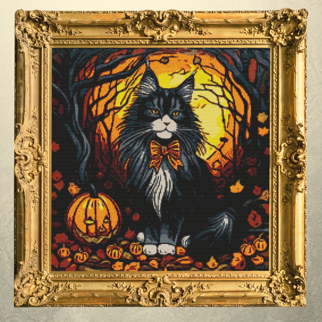 Maine Coon Cat Halloween Cross Stitch Pattern Cat in Pumpkin Cross ...