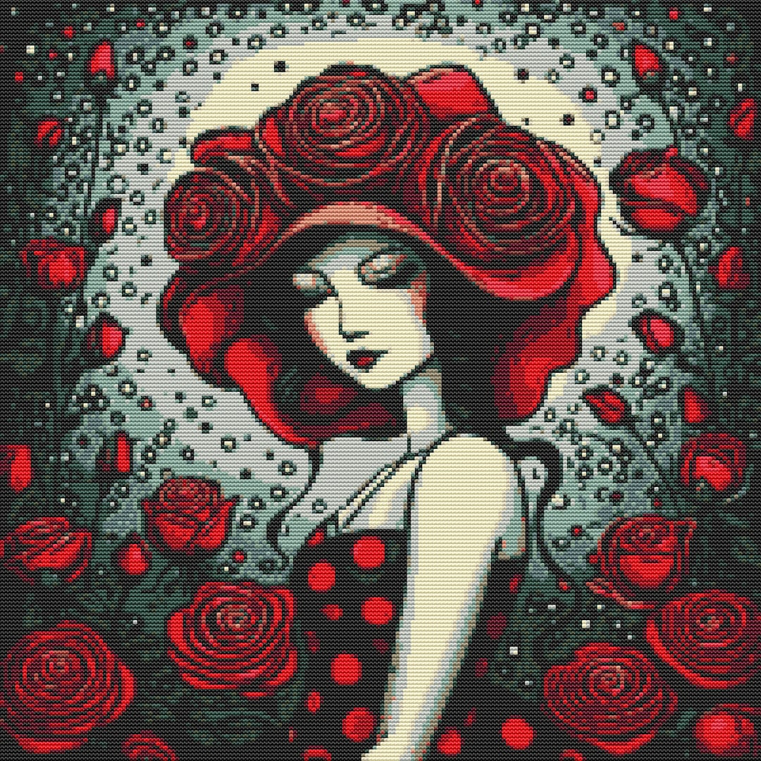 Romantic Red Roses Lady Cross Stitch Pattern, Vintage Style Floral Art ...