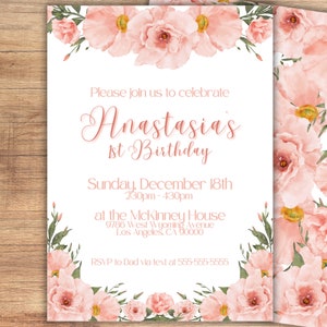 Birthday Party Invitation Template Pink Flower Party, Roses, Peony ...