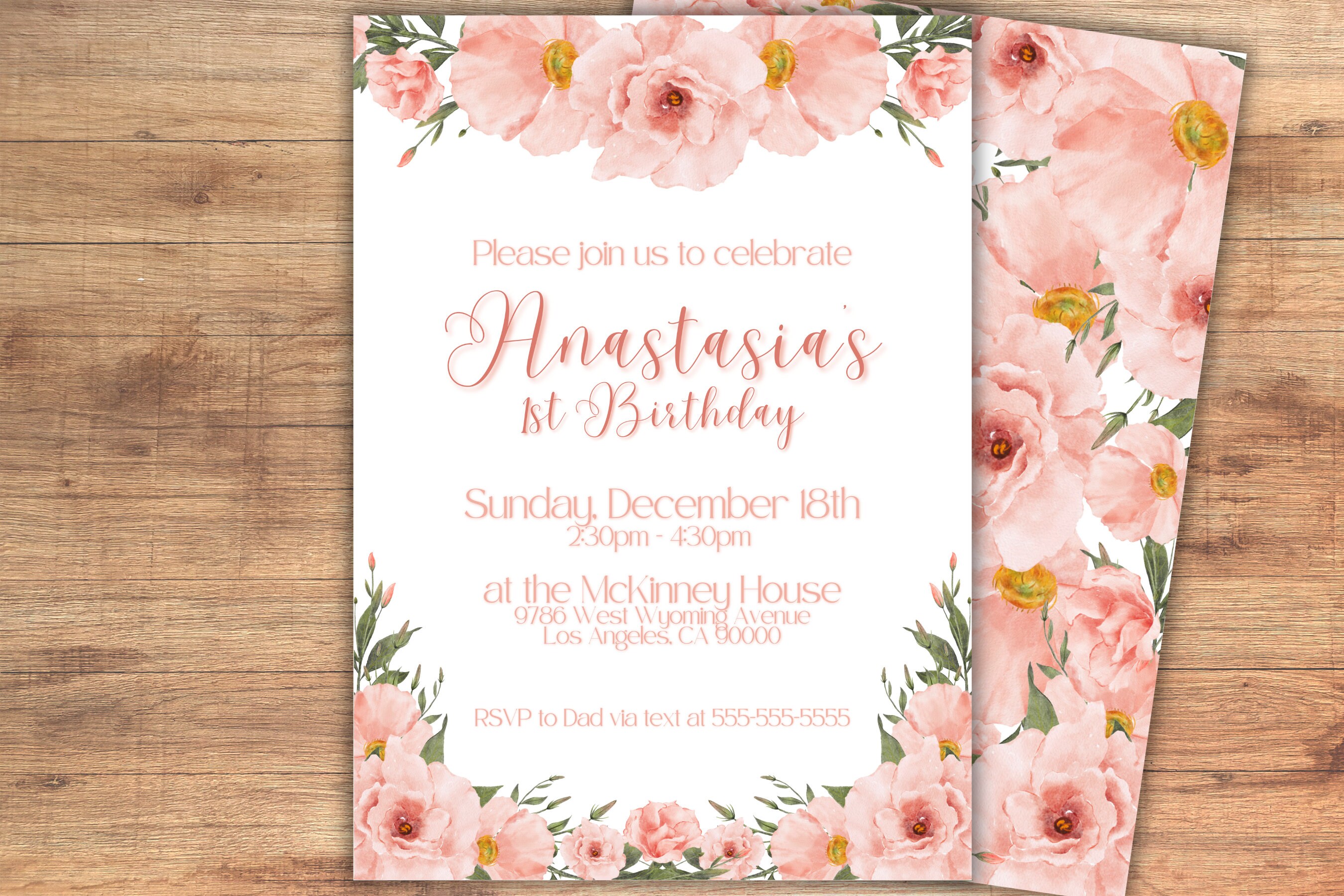 Birthday Party Invitation Template Pink Flower Party, Roses, Peony ...