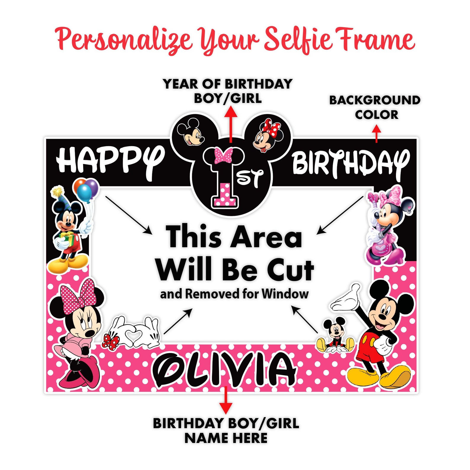 Personalized Mickey Minnie Selfie Frame, Birthday Selfie Frame, Custom ...