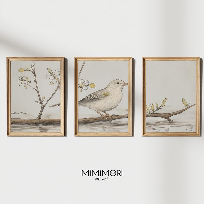 Japandi Bird Painting | 3 Piece Wall Art | Extra Large Wall Art ...