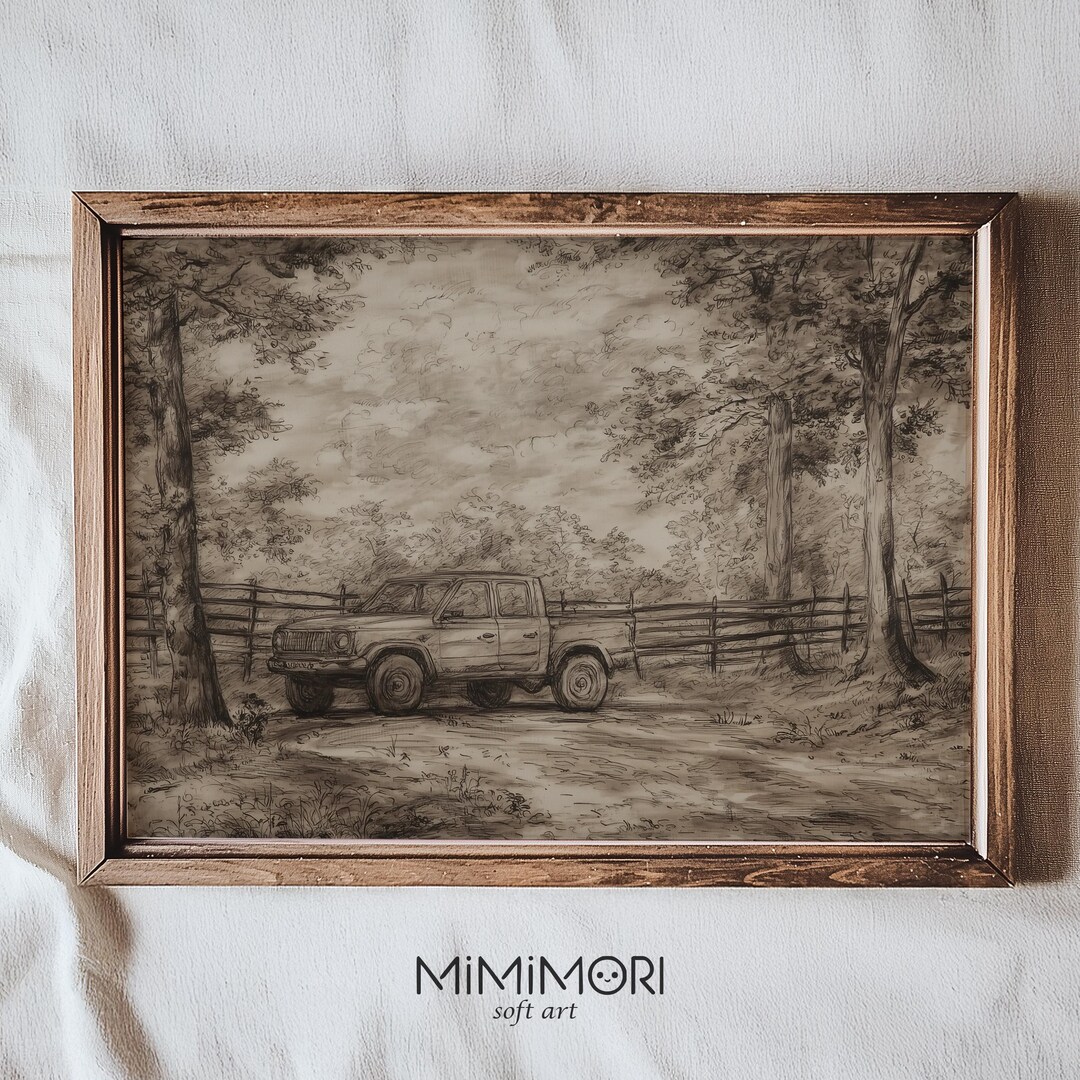 Rustic Old Truck Sketch | Country Farm Scene | Moody Wall Art | Vintage ...