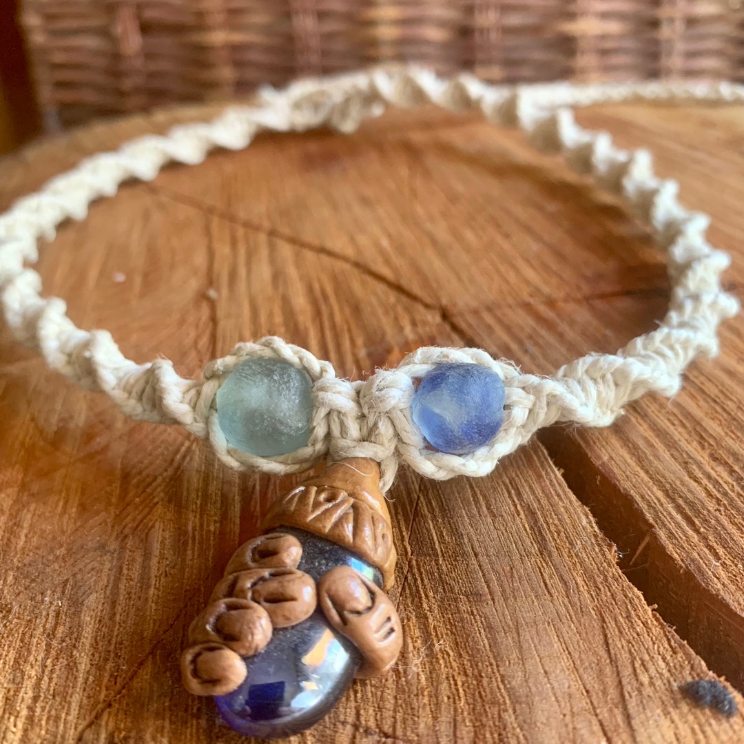 Handmade Rare Hand Pendant Hemp Necklace With Recycled Glass Beads. in ...