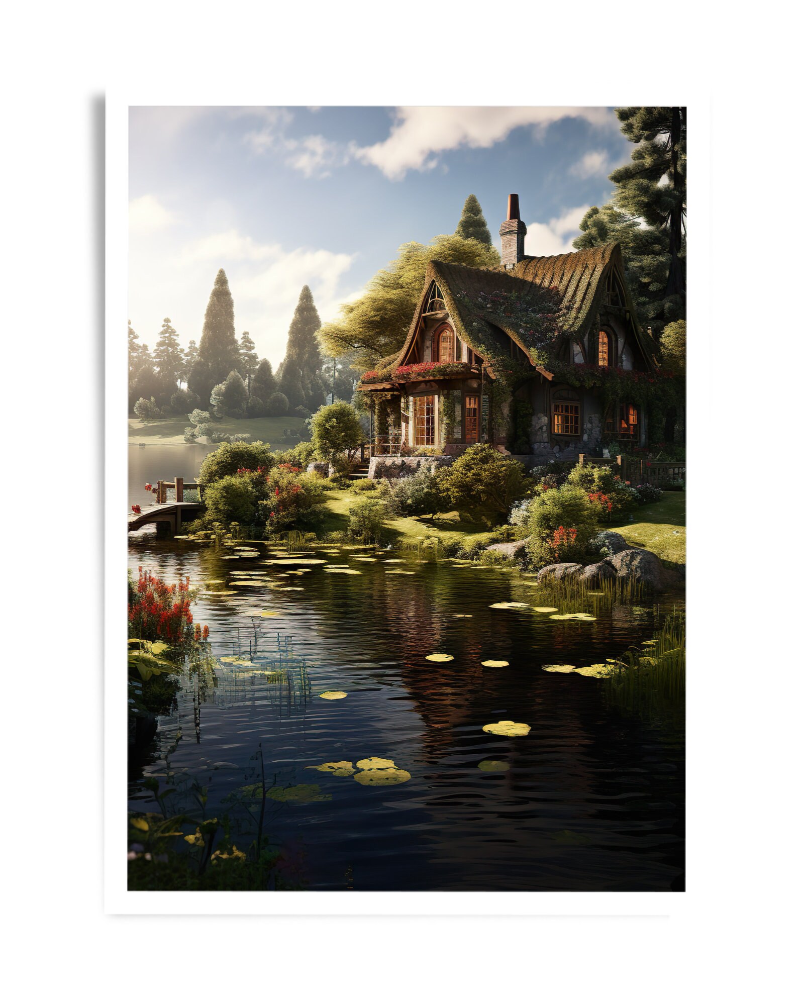 Cottage Next to Lake Realistic Art Home Decor Wall Art Art Print ...