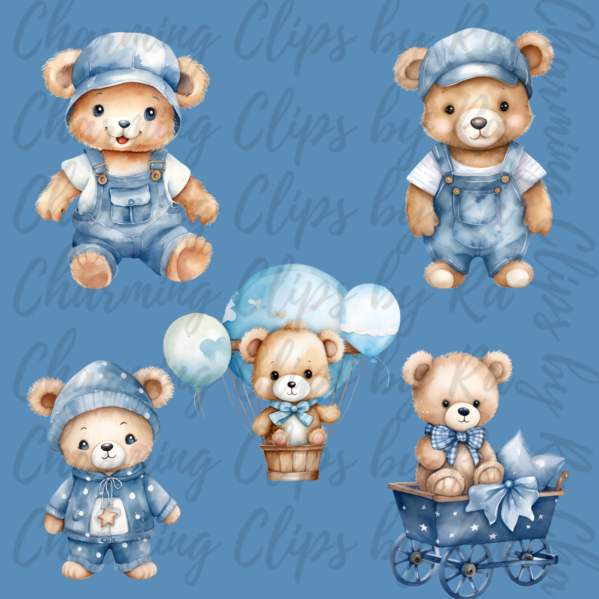 Teddy Bear Clipart Bundle, Boy Baby Shower PNG, Cute Blue Boho Teddy ...
