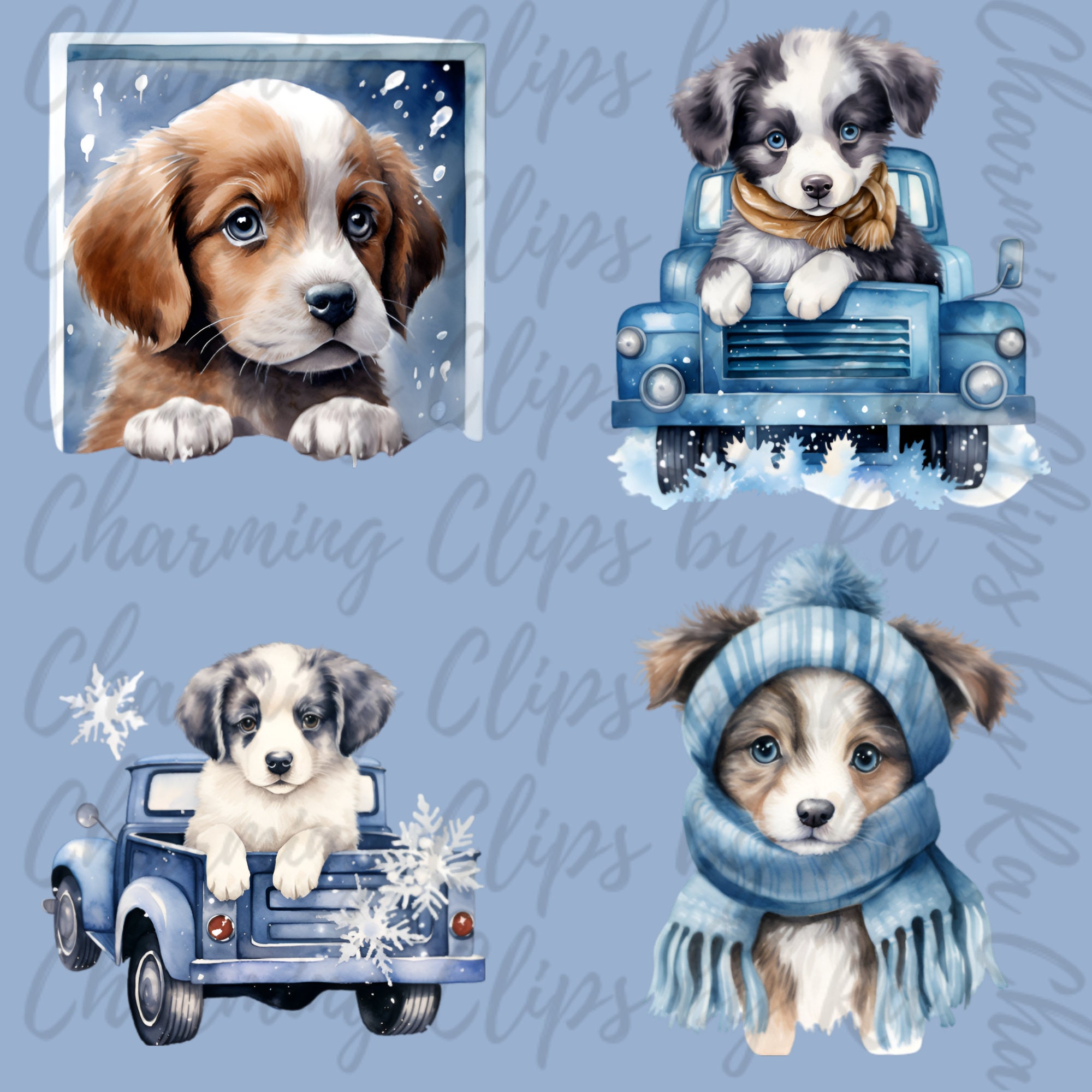 Dog Clipart Bundle, Watercolor Blue Winter Puppies, Winter Animal, Junk ...