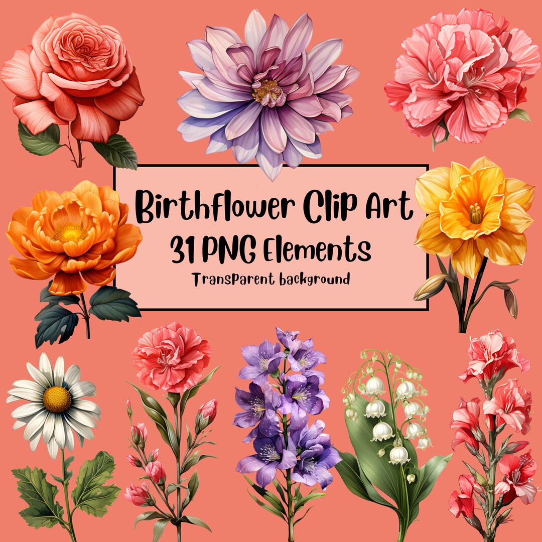 Birth Month Flowers Clipart Bundle, Monthly Flower Clipart, Birth ...