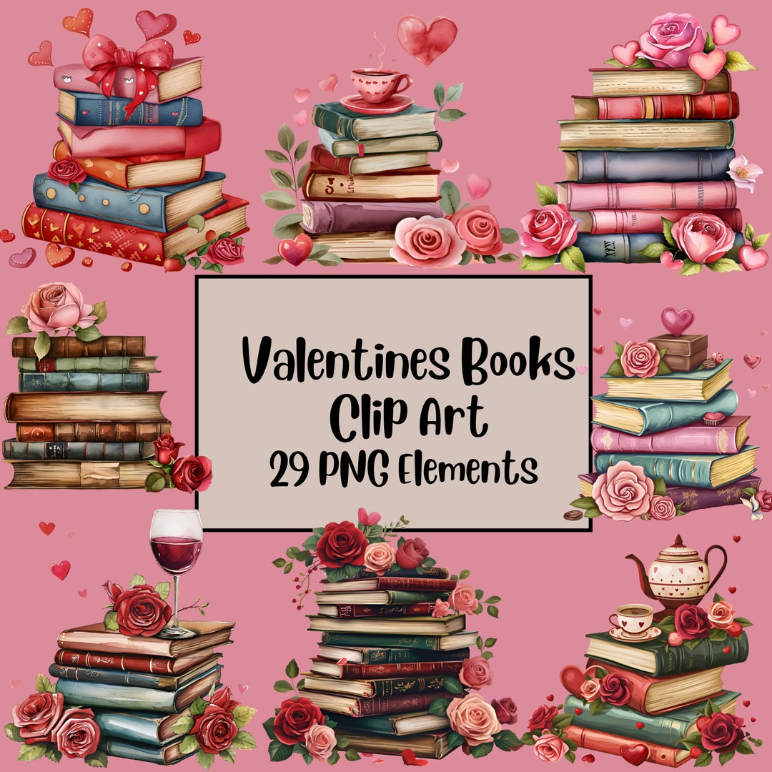 Watercolor Valentines Bookcase Clipart, Bookish Valentines PNG, Library ...